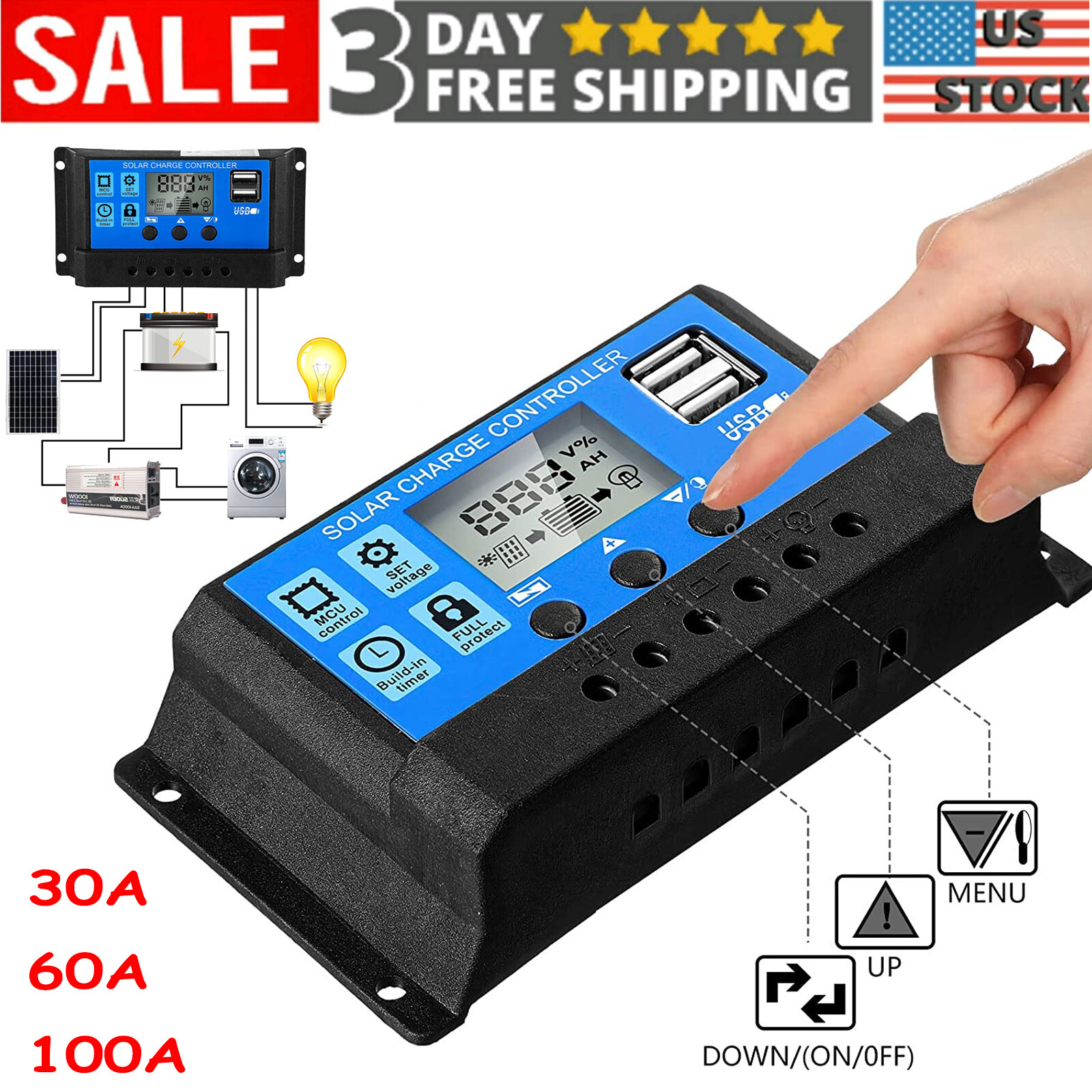 30-100A PWM Solar Charge Controller Dual USB Auto Cell Panel Charger ...