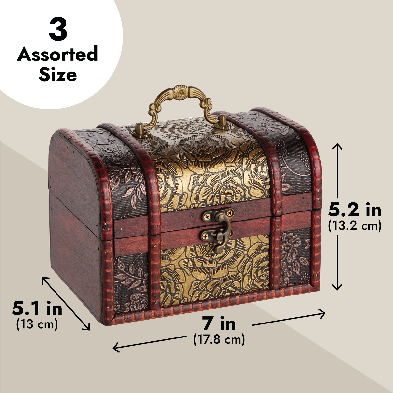 Set of 3 Small Wooden Treasure Chest Boxes with Flower Motif for ...