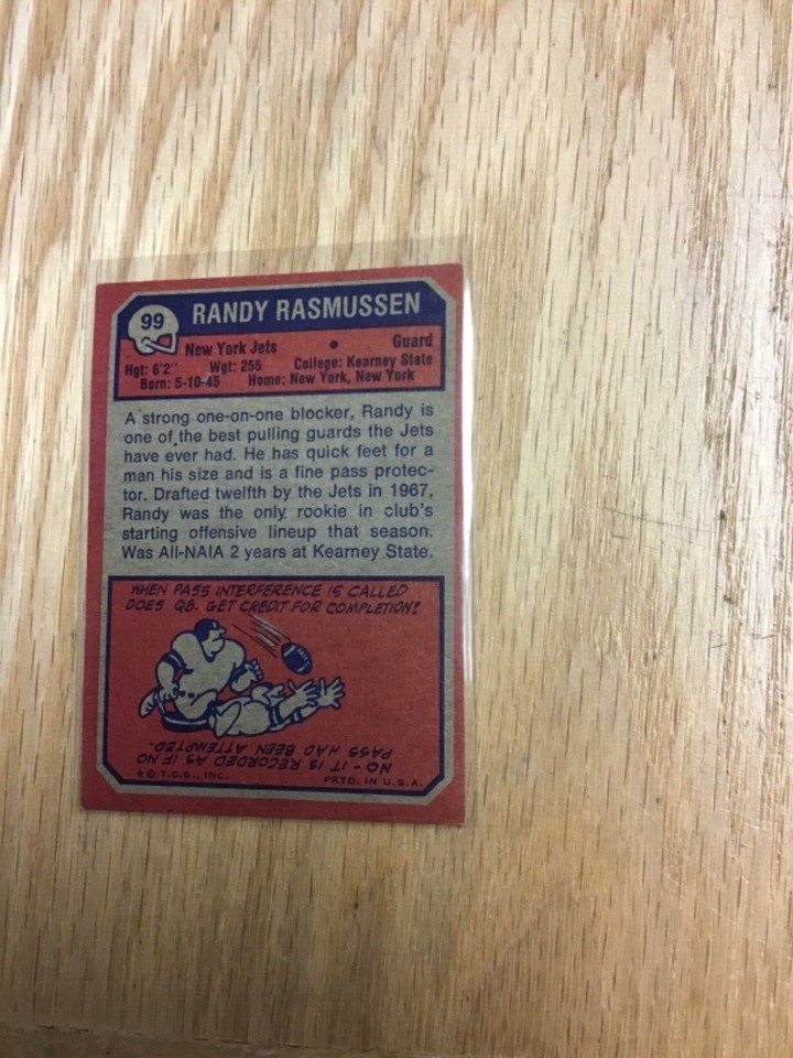 1973 Topps Football Randy Rasmussen New York Jets Card #99 | eBay