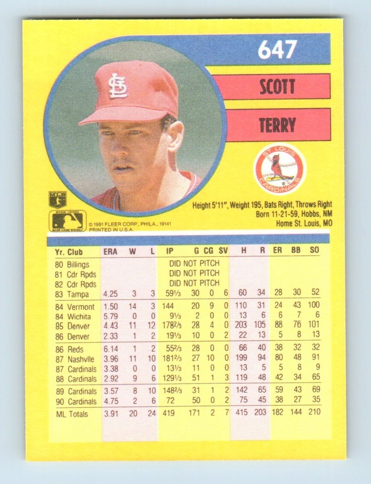 1991 Fleer Scott Terry St. Louis Cardinals #647 | eBay