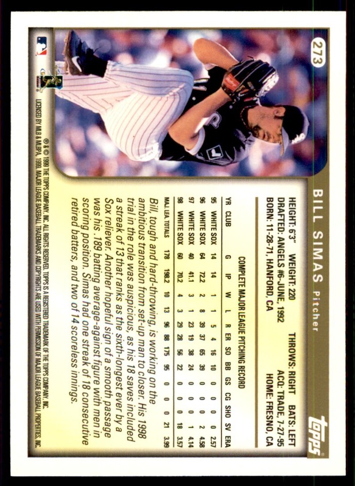 1999 Topps Baseball Card Bill Simas Chicago White Sox #273 | eBay