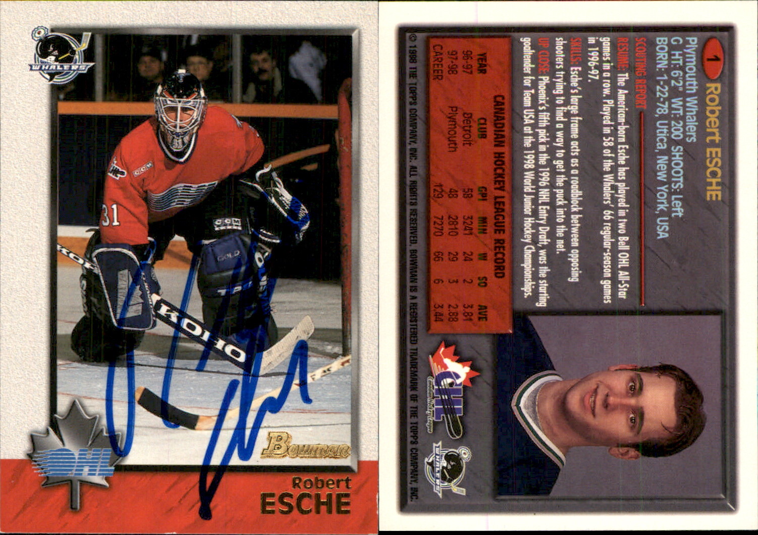 Robert Esche Signed 1998 Bowman CHL #1 Card Plymouth Whalers Auto AU | eBay