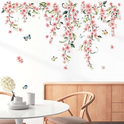 Hanging Flower Vine Wall Stickers Pink Floral Peel and Stick Wall Art ...
