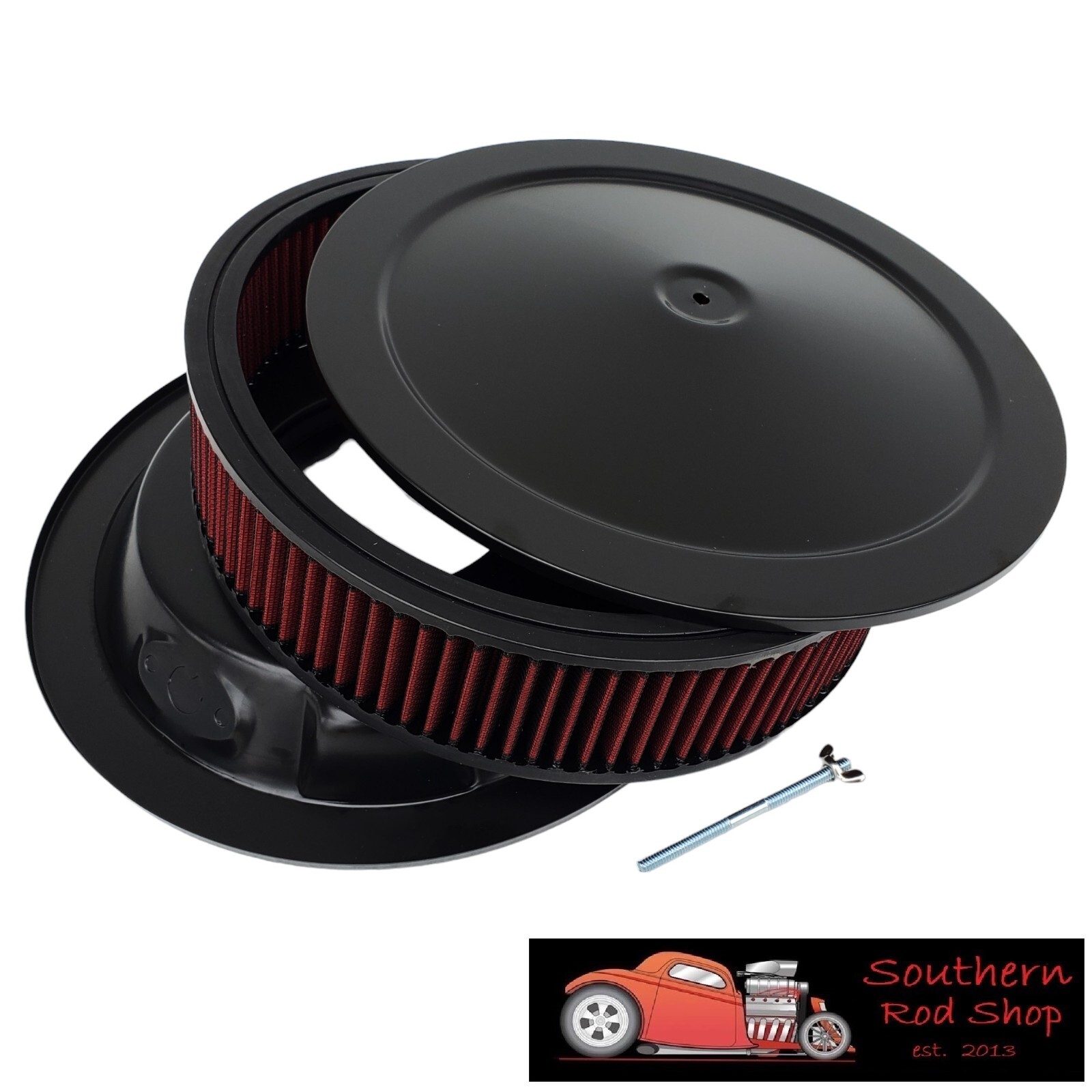 14" Round Black Air Cleaner Assembly Recessed Base Red Washable Chevy ...
