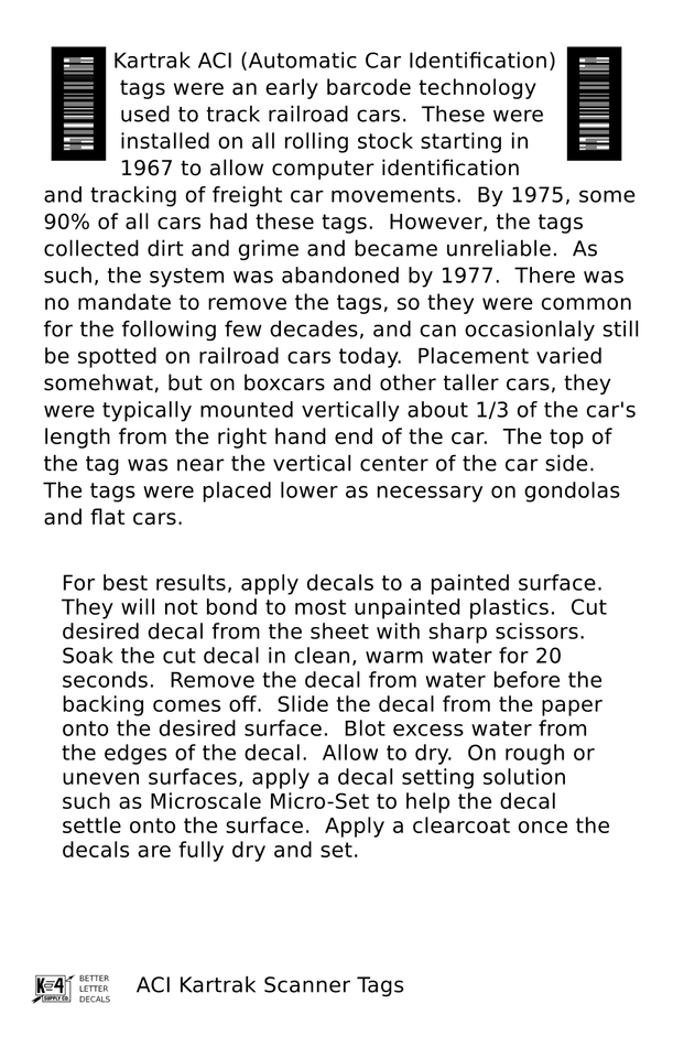 K4 O Scale Decals Kartrak ACI Scanner Barcode Tags | eBay