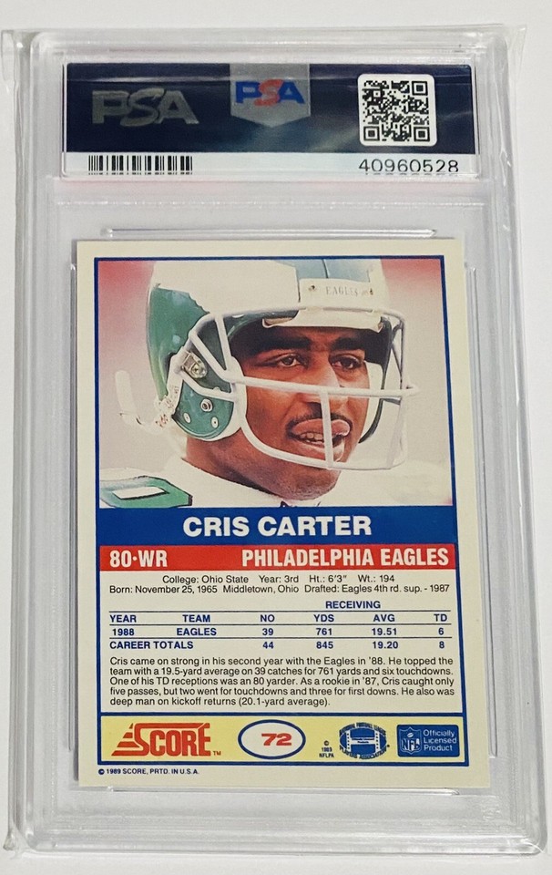 1989 Score Cris Carter Philadelphia Eagles #72 Rookie Football Card PSA ...