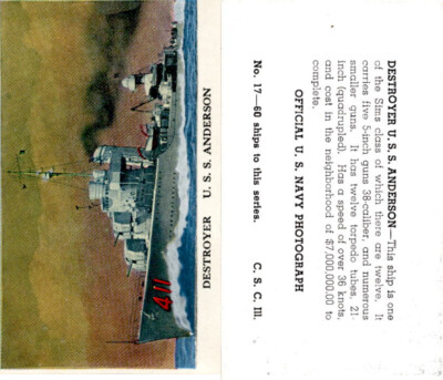 R169 Cameron Sales, Warships, 1942, #17 Destroyer USS Anderson | eBay