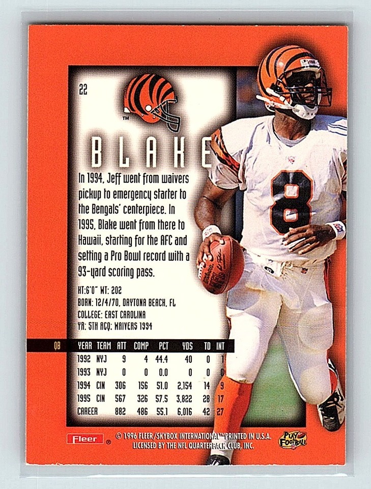 1996 Fleer Ultra Sensations Jeff Blake Cincinnati Bengals #22 Marbled ...