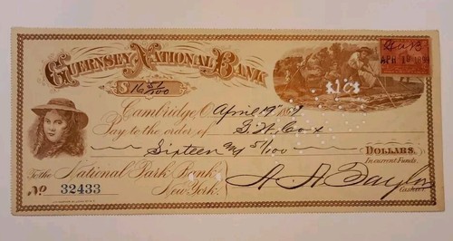1899 Guernsey National Bank New York City Check W Stamp | eBay