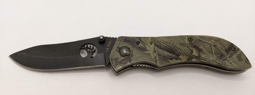 Elk Ridge Logo on Plain Edge Blade Drop Point Green Leaf Camo Handle ...