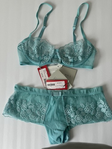 $290 NWT Women's La Perla 34B Bra & Small Coulette Panty Set Blue Sheer ...