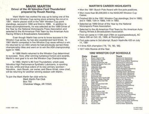 MARK MARTIN 1992 VALVOLINE RACING NASCAR PHOTO POSTCARD | eBay