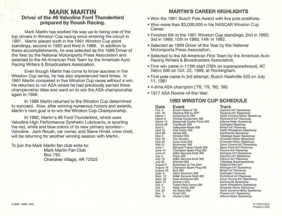 MARK MARTIN 1992 VALVOLINE RACING NASCAR PHOTO POSTCARD | eBay