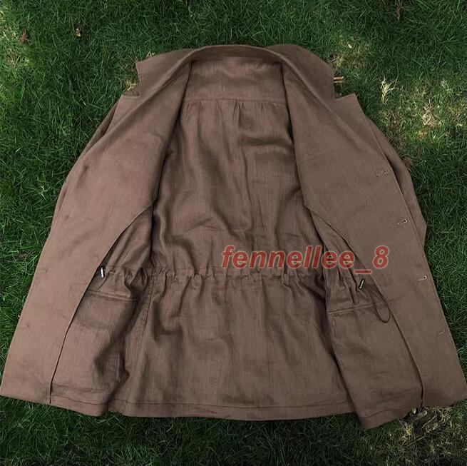 Men 100% Linen Safari Jacket Multi Pockets Hunting Coat Slim Casual ...