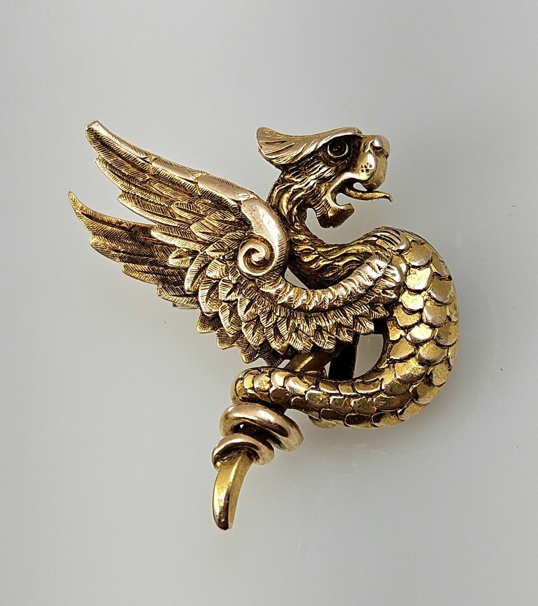 Antique 14K Gold Griffin Dragon Watch Pin Fantasy - Gem
