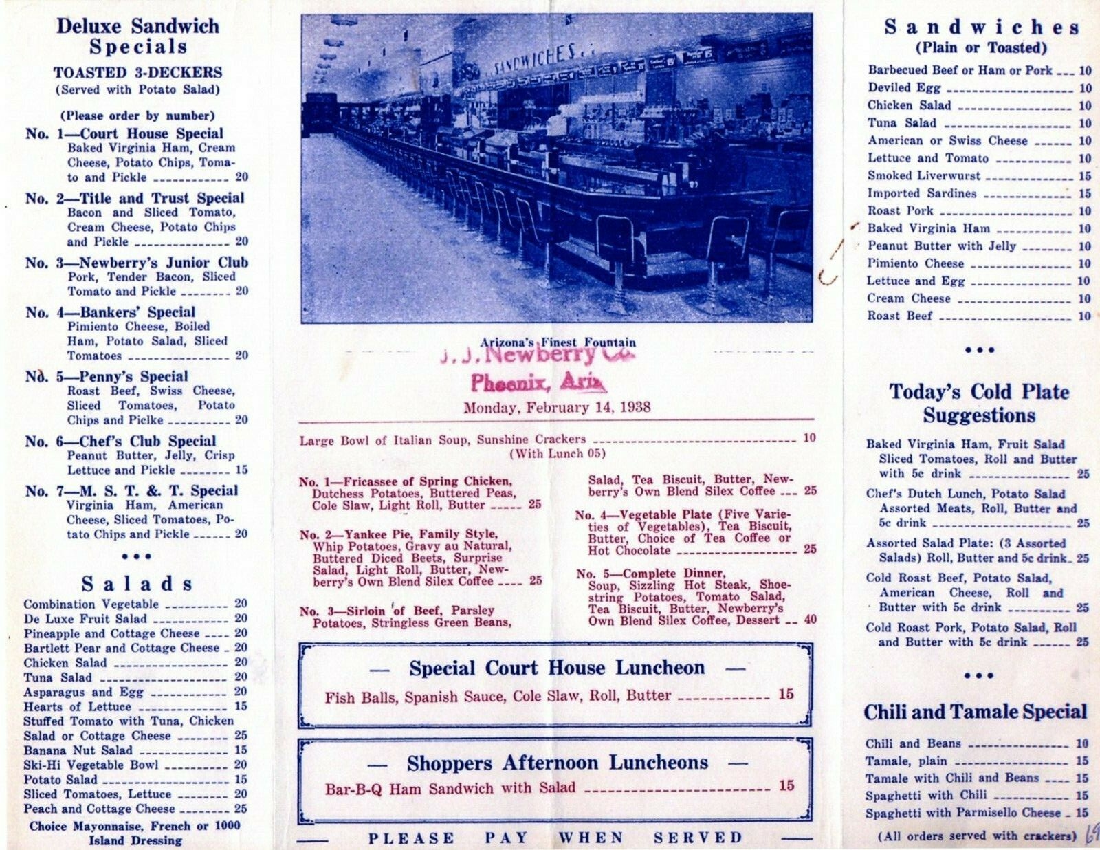 1938 J.J. NEWBERRY LUNCH COUNTER MENU 8.5X11 GLOSSY REPRINT PHOENIX ...
