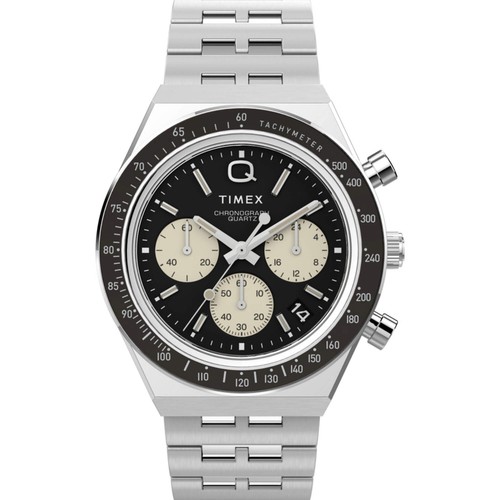 Timex Men's Watch Q Chronograph Rotating Bezel Black and Cream Dial ...
