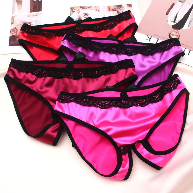 Women Silk Satin Underwear Briefs Panties G-string Bikini Crotchless ...