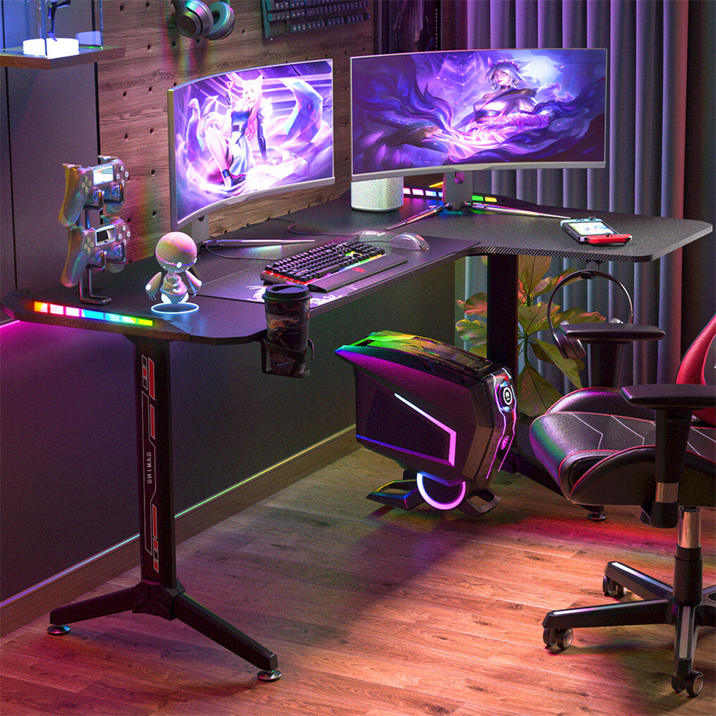 L Shaped RGB LED Gaming Desk Computer Desk Extra Large Carbon Fiber ...
