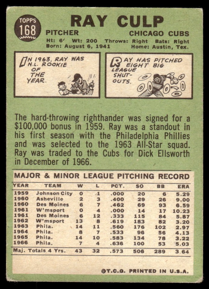 1967 Topps Ray Culp #168 Chicago Cubs Baseball Card | eBay