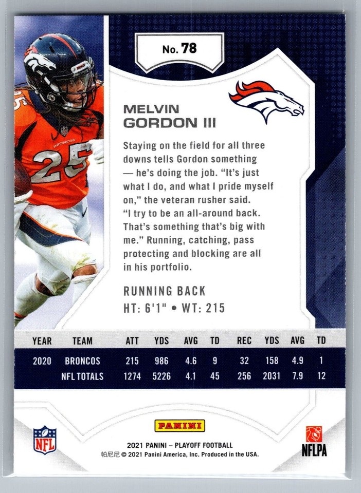 2021 PANINI PLAYOFF Card # 78 Melvin Gordon III - Denver Broncos | eBay