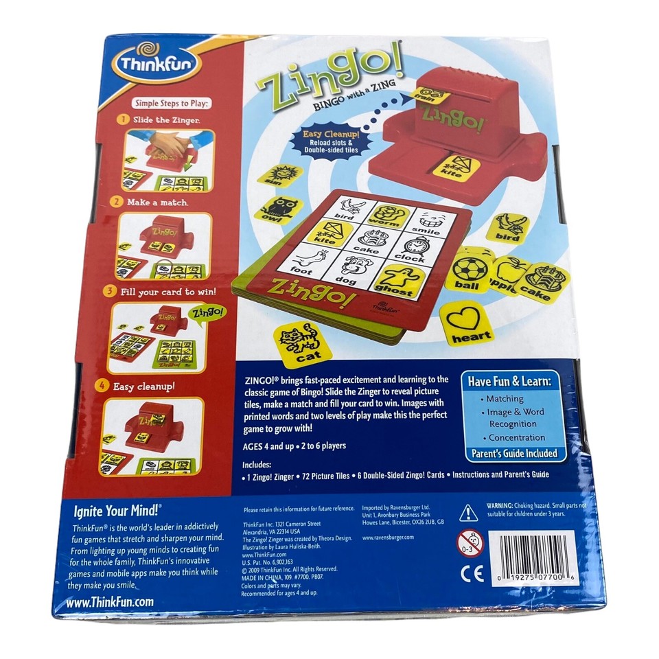 ZINGO! ThinkFun Childrens Game - Bingo with a Zing! Ages 4+ NEW in Box ...