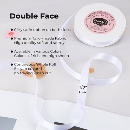 White Satin Ribbon Double Face Fabric Ribbon 1/2 inch x Continuous 50 ...