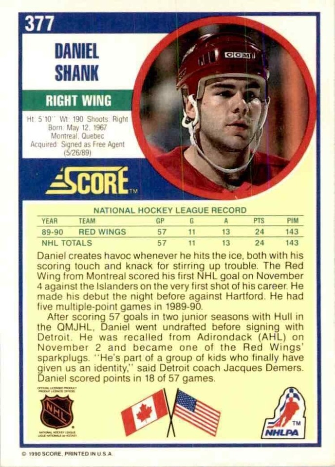 1990 SCORE NHL HOCKEY Trading Card #377 -- Daniel Shank, Detroit Red ...