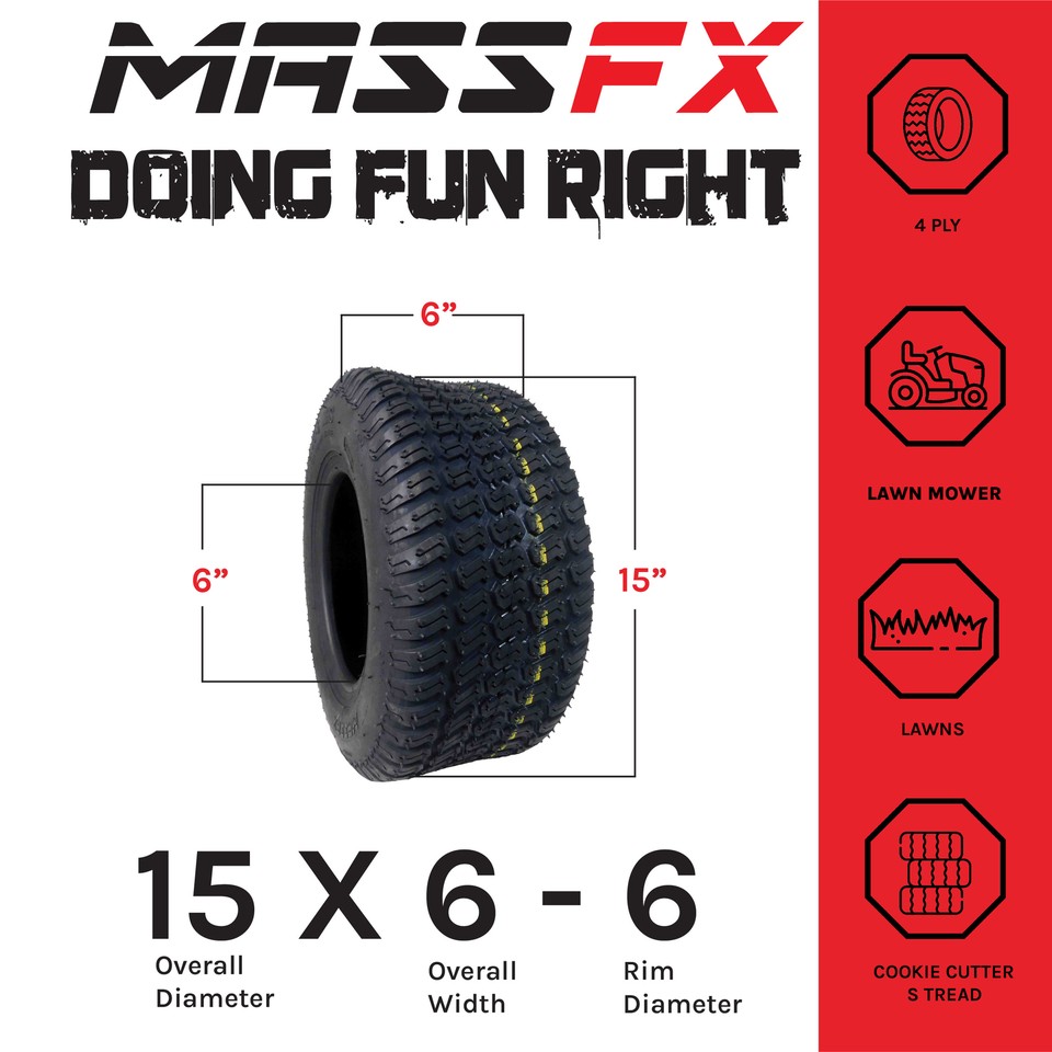 MASSFX 15x6-6 Lawn Mower, Turf, Lawn & Garden Tire 4 Ply 15x6x6 (4 Pack ...