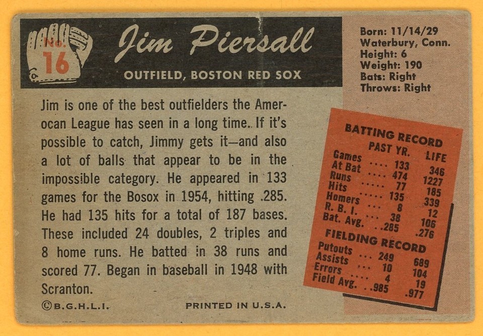 JIMMY PIERSALL 1955 Bowman #16 | eBay