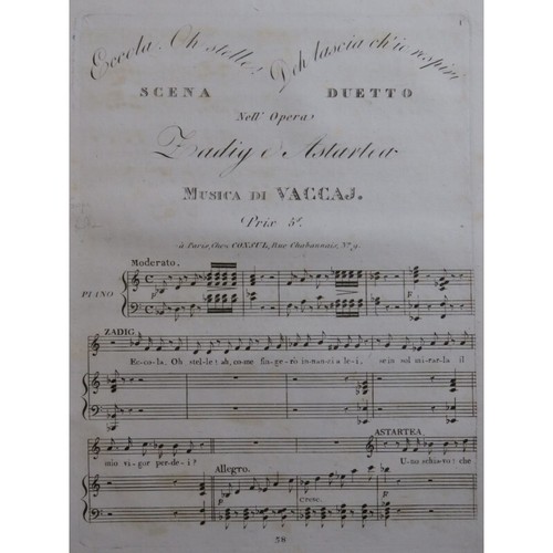 VACCAI Nicola Zadig e Astartea Eccola Oh Stelle Piano Chant ca1825 | eBay