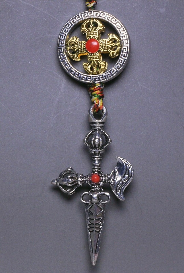 20CM Tibet Buddhism iron Gilt Phurba Dagger Holder Amulet key Chain ...