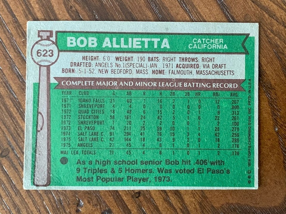 BOB ALLIETTA 1976 Topps Baseball Card #623 – CALIFORNIA ANGELS | eBay