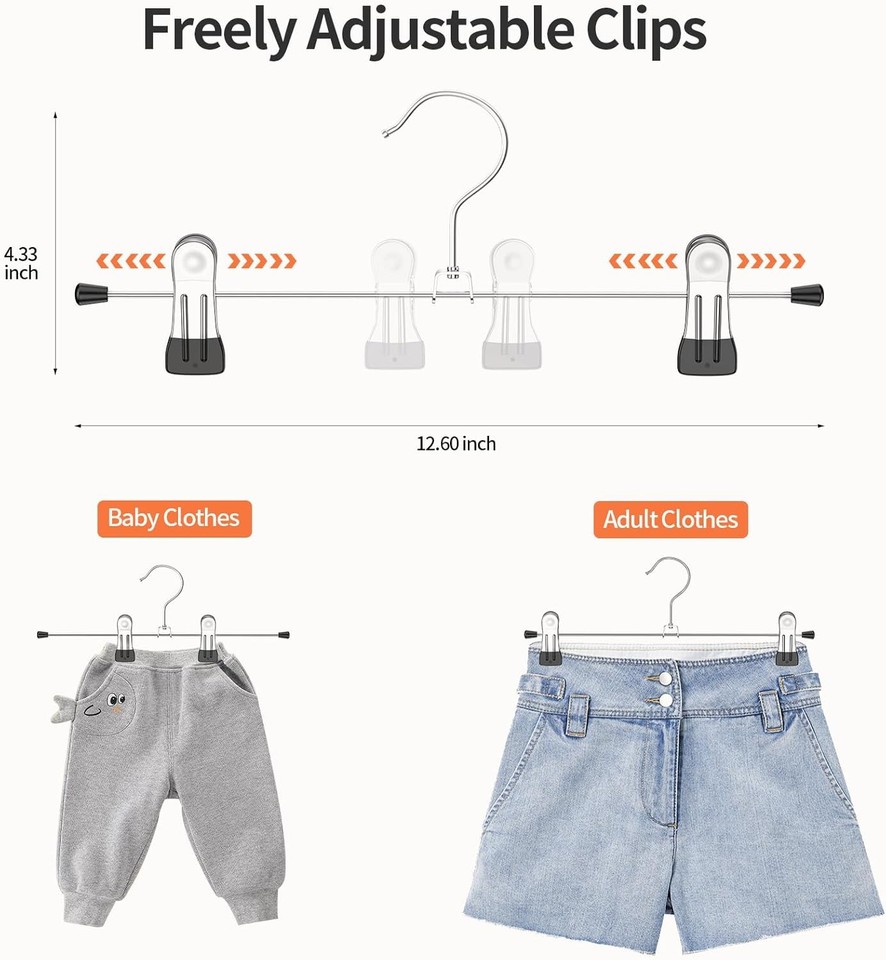 Pant Hangers, 12 Pack Skirt Hanger with Clips Metal Trouser Clip for ...