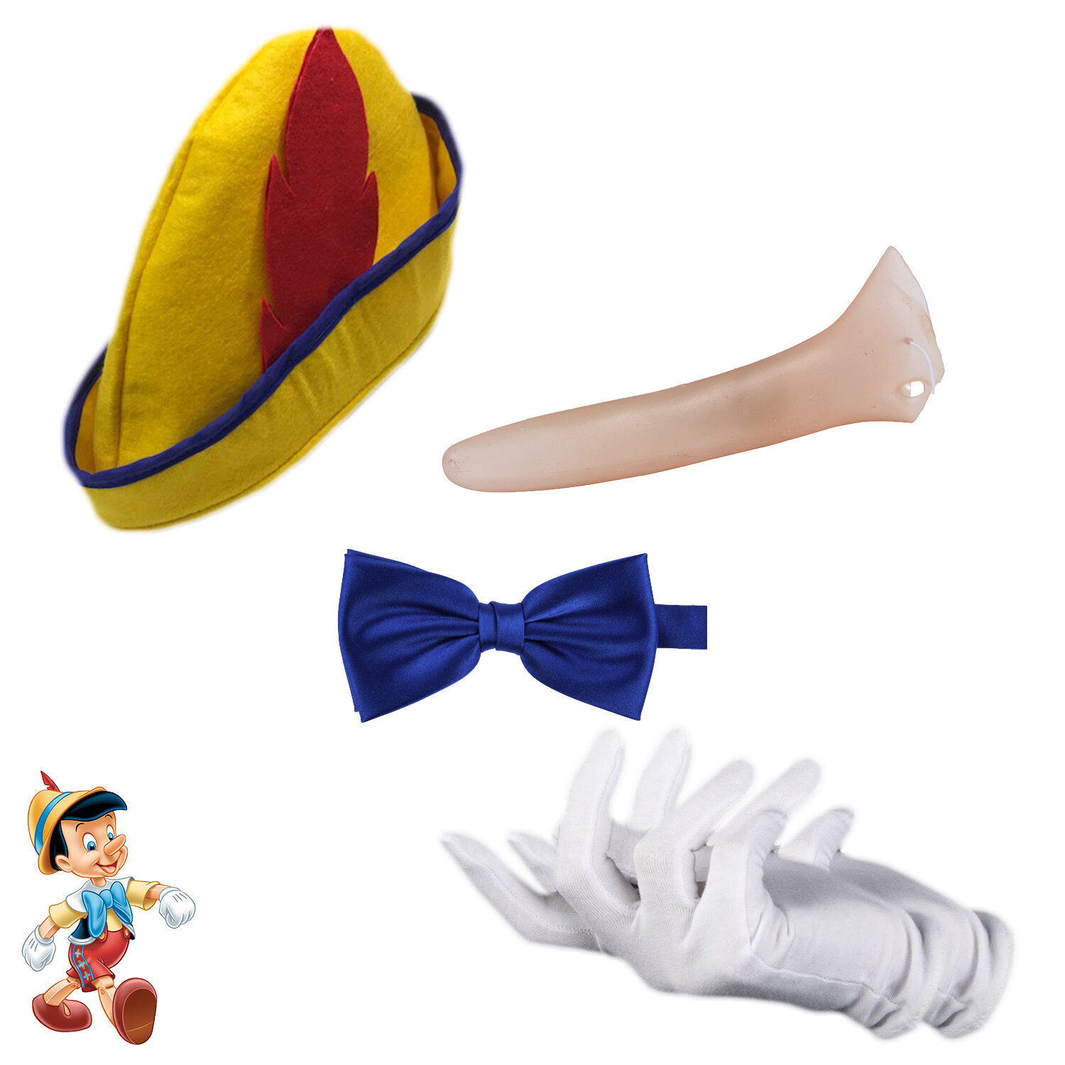 Pinocchio Fancy Dress Kit (Hat, Nose, Gloves & Bowtie) Puppet Boy ...
