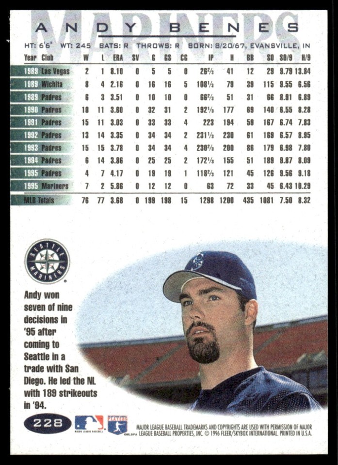 1996 Fleer Andy Benes Seattle Mariners #228 18554 | eBay