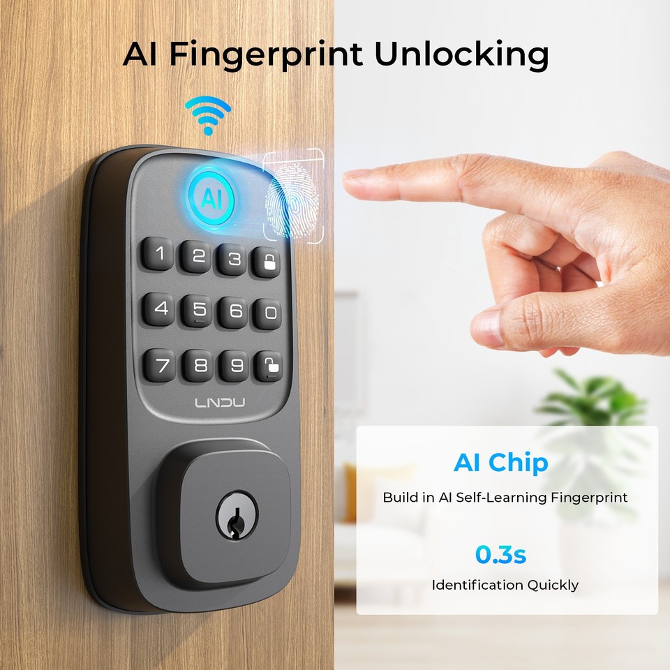 LNDU Smart AI Fingerprint Door Lock APP Control Keyless Deadbolt+Handle ...