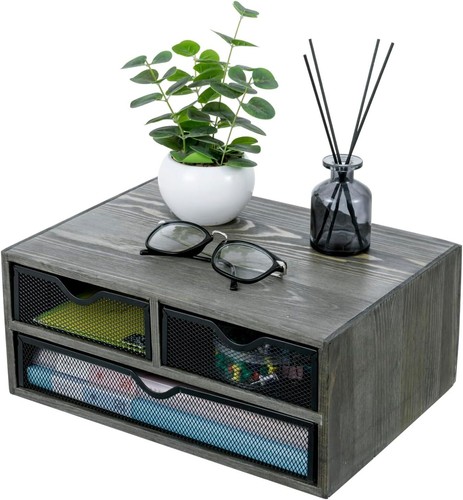 Vintage Weathered Gray Solid Wood Desktop Organizer Box with Metal Mesh ...