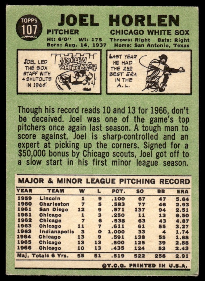 1967 Topps 31478* Joel Horlen Chicago White Sox #107 | eBay