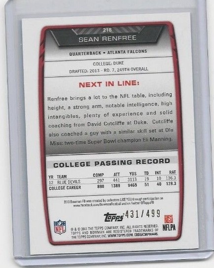 Sean Renfree # 431 / 499 Bowman Rookie Card RC Duke Atlanta Falcons | eBay