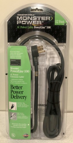 🆕 Monster PowerLine 100 AC Power Extension Cable 12’ Cord 30° 24k VERY ...