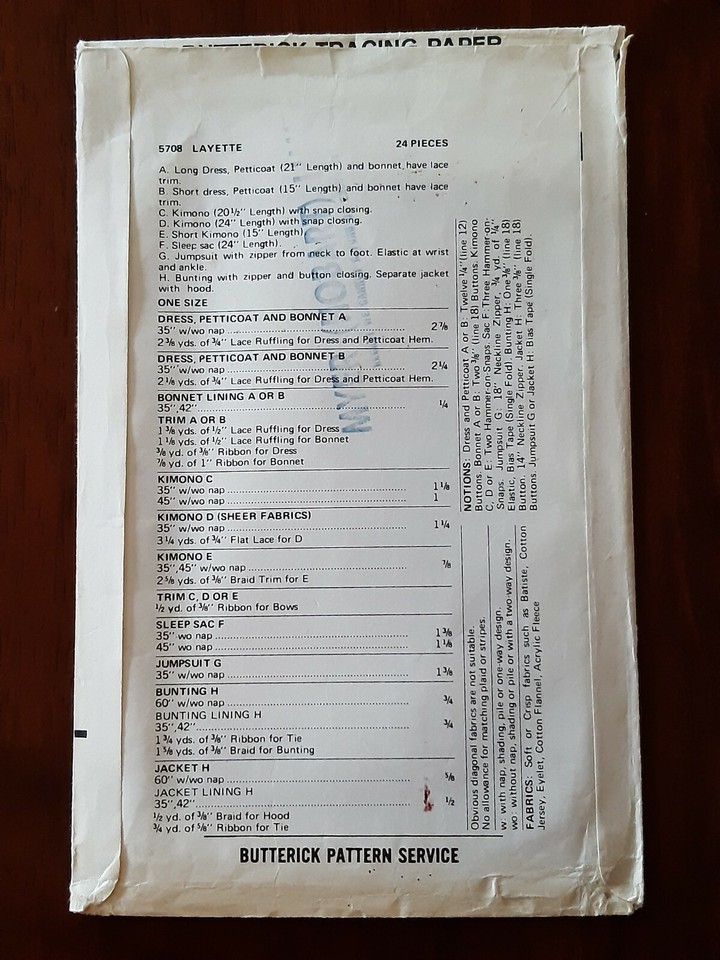 BUTTERICK PATTERN - 5708 BABY LAYETTE DRESS JUMPSUIT SLEEPING BAG 0-3 ...