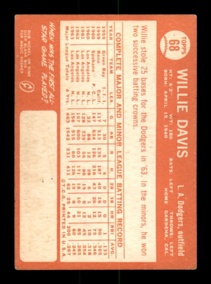 1964 Topps #68 Willie Davis VG/VGEX Dodgers 542652 | eBay