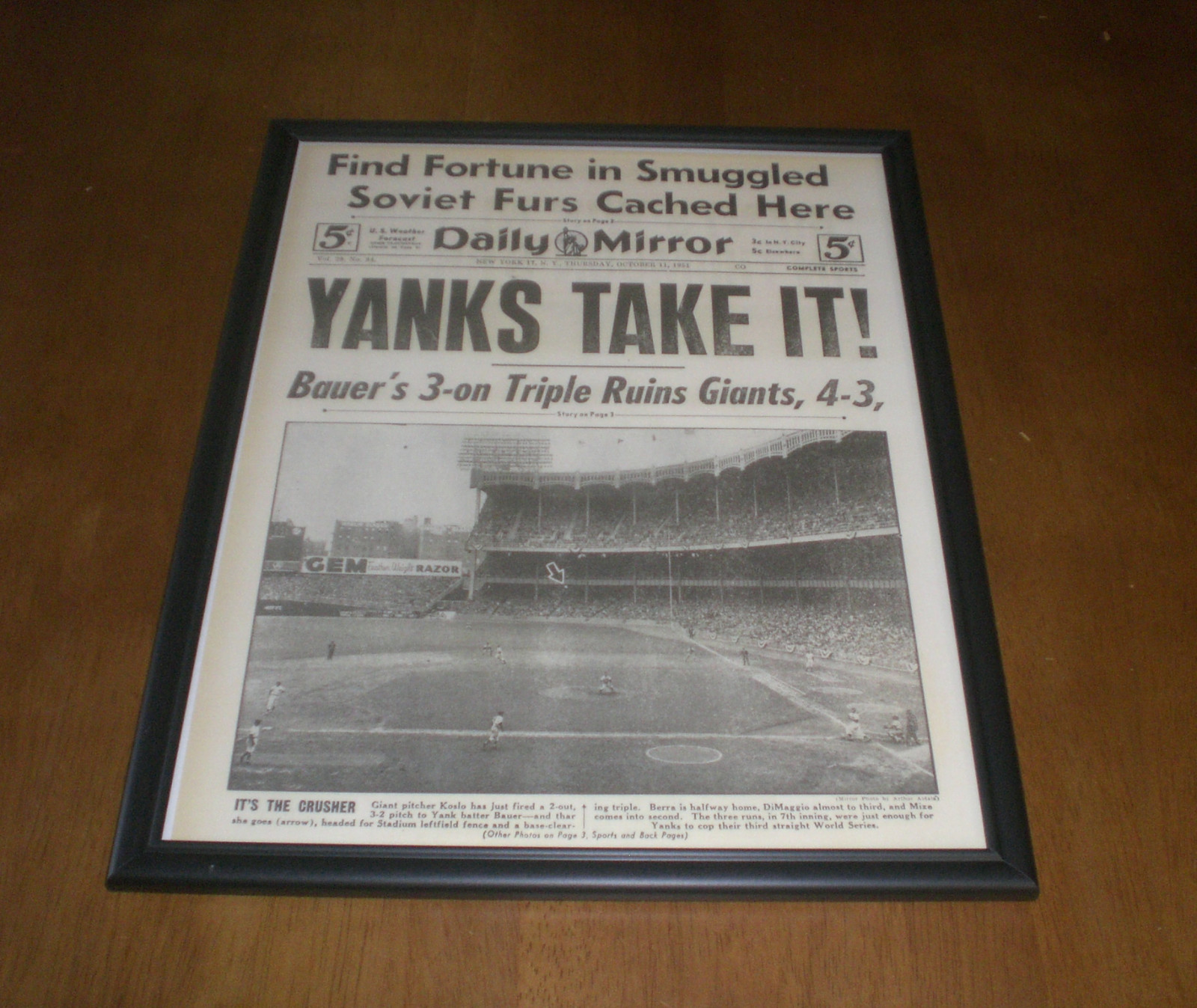 1951 YANKEES TAKE IT WORLD SERIES CHAMPS FRAMED 11x14 NEWSPAPER PRINT ...