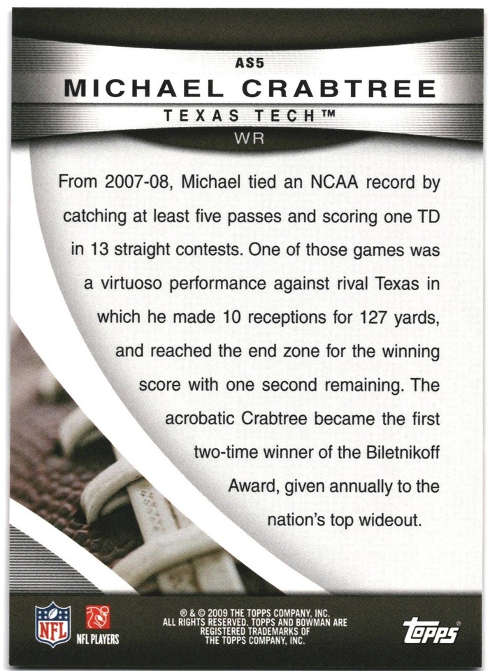 2009 Bowman Draft Michael Crabtree Rookie All Stars Texas Tech #AS5 | eBay