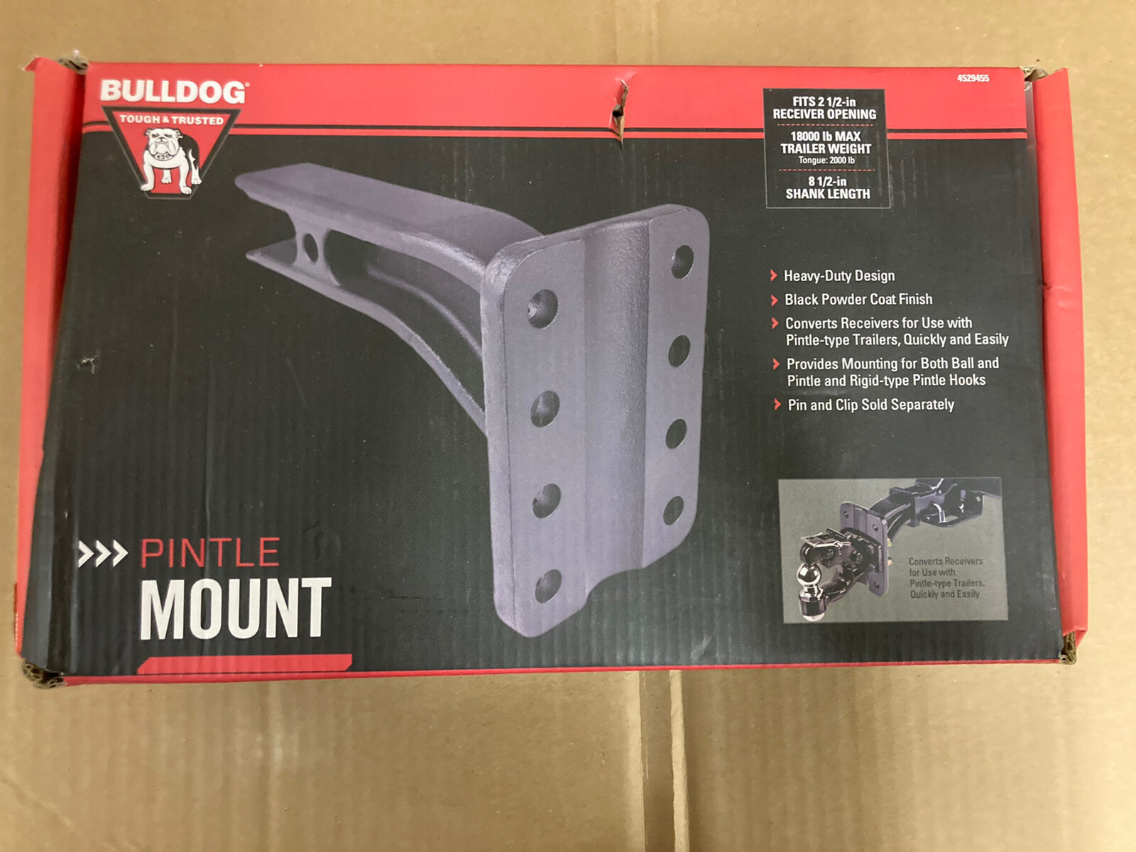 Bulldog Pintle Mount 18,000 lb Trailer Weight Fits 2 1/2 Receiver 8 1/2 ...