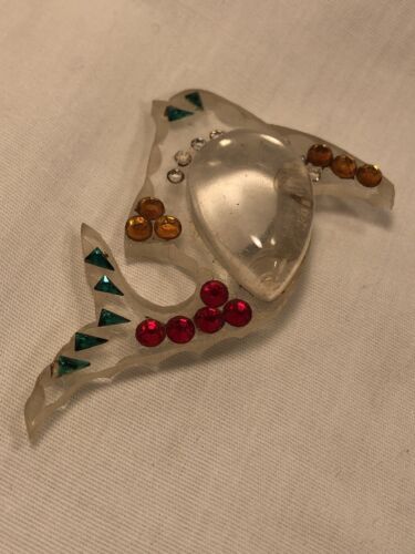 1950s CARVED LUCITE FISH WITH CRYSTALS - Gem