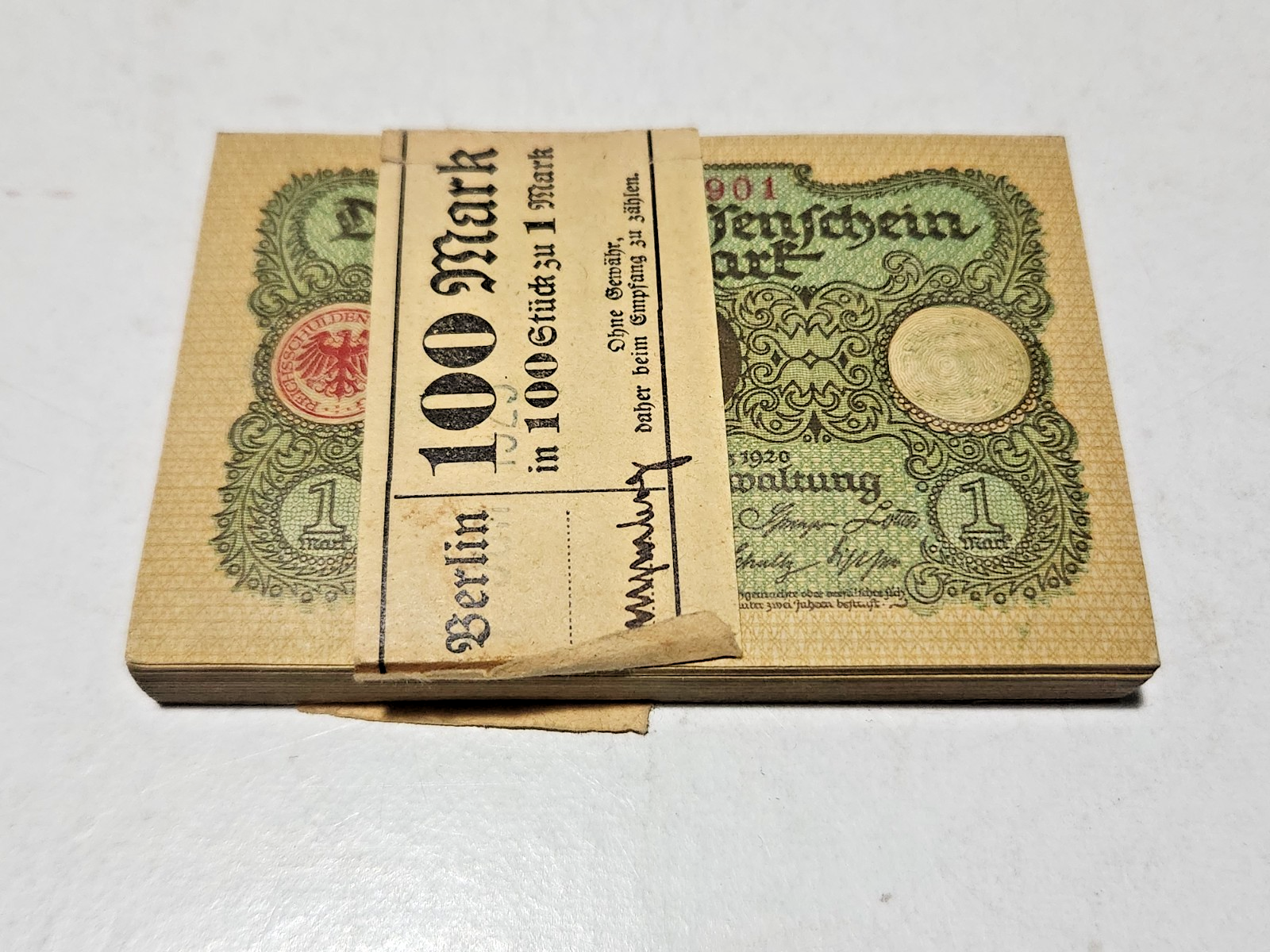 RARE ORIGINAL 1920 GERMANY 1 MARK BANKNOTE BUNDLE 100 NOTES ...