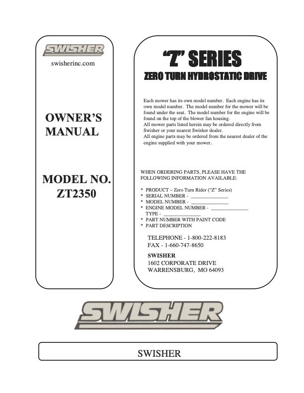 Owners Manual & Parts List -Swisher 23.0 HP Zero-Turn Riding Mower -Model ZT2350 | eBay