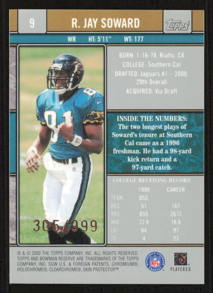 2000 Bowman Reserve R. JAY SOWARD Rookie card #/999 JACKSONVILLE ...